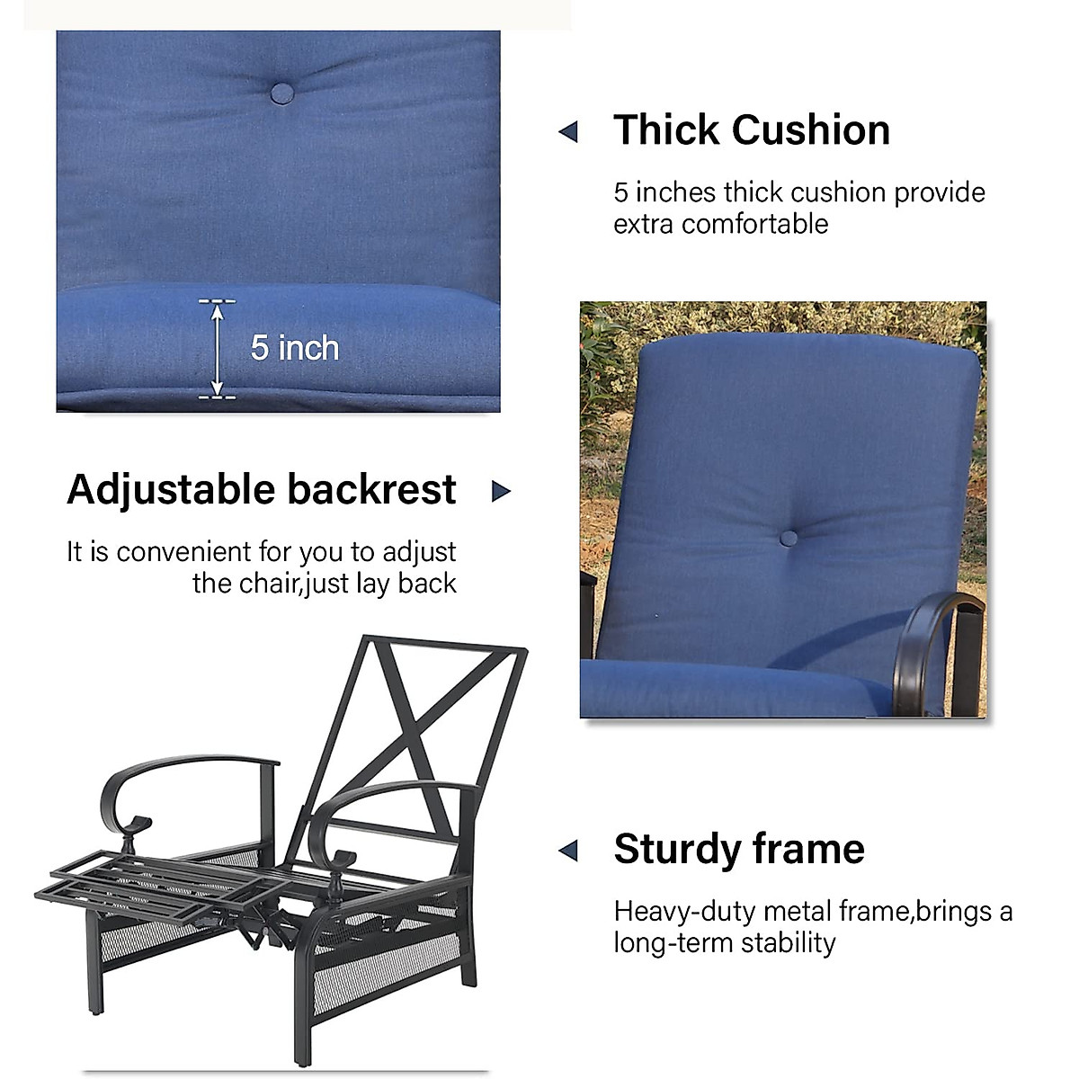 MFSTUDIO Patio Adjustable Recliner Chair, Outdoor Metal Reclining Lounge Chair with 100% Olefin Removable Cushion, Outdoor Adjustable Lounge Chair for Porch, Lawn, (Navy Blue)