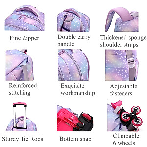 EKUIZAI 3PCS Colorful Heart Print Trolley Backpack Sets Elementary School Students Rolling Bookbag Cute Girls Backpack with Wheels