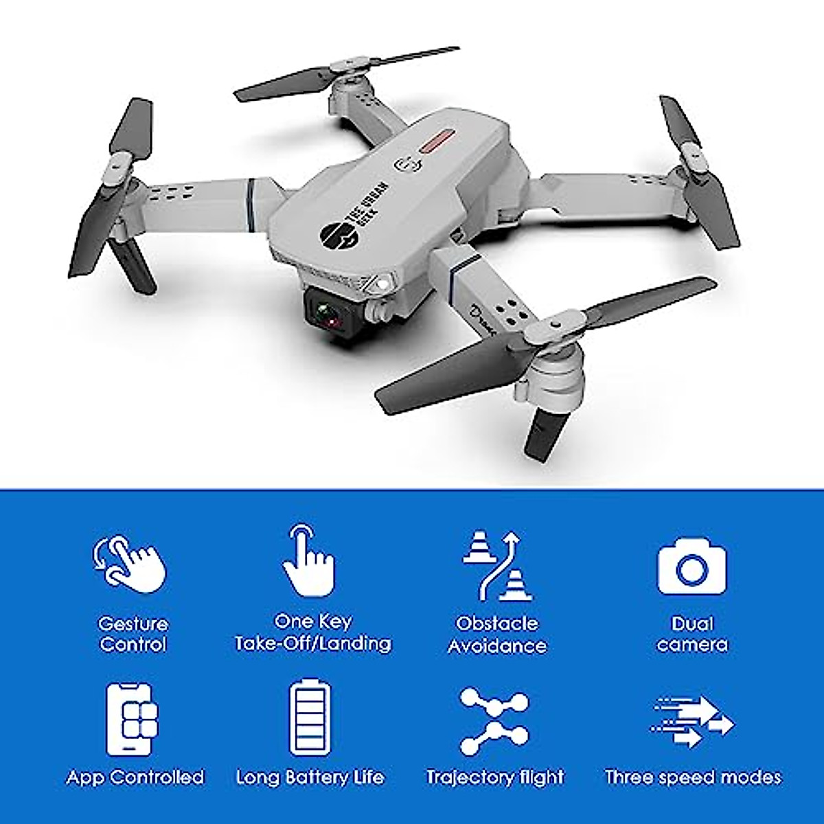 TheUrbanGeek E88 Drone with Dual Camera - Foldable FPV Live Video RC Quadcopter with Altitude Hold, One Key Return, 360 Degree Flip, Intelligent Control - Remote & App Control - Gray