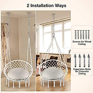 Greenstell Hammock Chair, Macrame Swing with Cushion and 304 Stainless Steel Hanging Kits, Max 330Lbs Hanging Cotton Rope Swing Chair, for Indoor, Outdoor, Home, Patio, Yard (Beige)