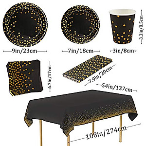 24 Guests Black and Gold Party Supplies Disposable Party Plates Tableware Cups Napkins Straws Table Cloth for 18th 50th 70th Birthday Party 1920s Cocktail Halloween Plates Gold Dot Black Paper Plates