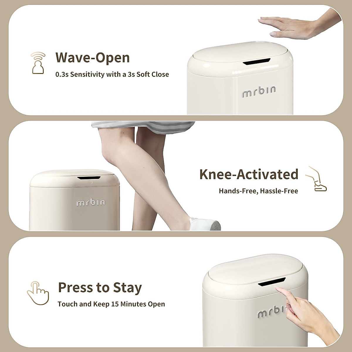 MRBIN Automatic Trash Can for Bathroom, Metal Touchless Garbage Bin with Lid, 3.4 Gallon Small Slim Trash Can for Office and Kitchen, Electric Motion Sensor Bedroom No Touch Bin, Cream White