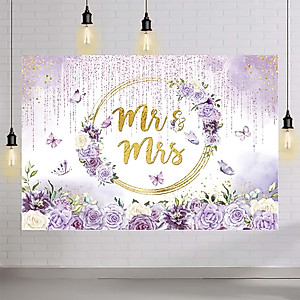 MEHOFOND 7x5ft Mr and Mrs Violet Wedding Backdrop for Bridal Shower Purple Flowers Dripping Glitter Photography Background Gold Geometric Couple Wedding Party Decor Bride to Be Engagement Banner Prop