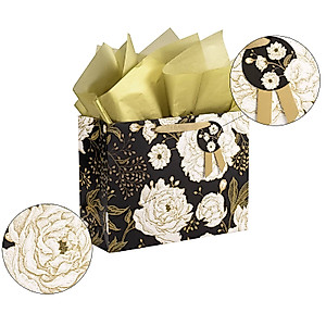 Loveinside Black and Gold Gift Bag Foil Floral with Tissue Paper for Mother's day, Birthday, Valentine's Day, Wedding, Anniversaries, Engagements - 13" x 10" x 5", 1 Pcs
