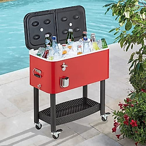 YOLENY 80 Gallon Rolling Cooler Cart Bottom Rack, Removable Stand, Fit in a Car, Rolling Freezer with Wheels, Backyard Cooler Trolley, Bottle Opener, Drain Plug, and Locking Wheels, Red