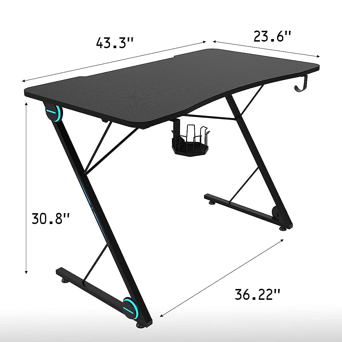 JOY worker Gaming Desk with LED Lights, 43 Inch Z-Shaped Gaming Computer Desk, Carbon Fiber Surface Home Office Game Table with Handle Rack, Cup Holder and Headphone Hook, Black
