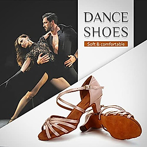 JUODVMP Women's Ballroom Latin Salsa Shoes Satin 5-Straps Braided with Suede Sole Heels,8 US