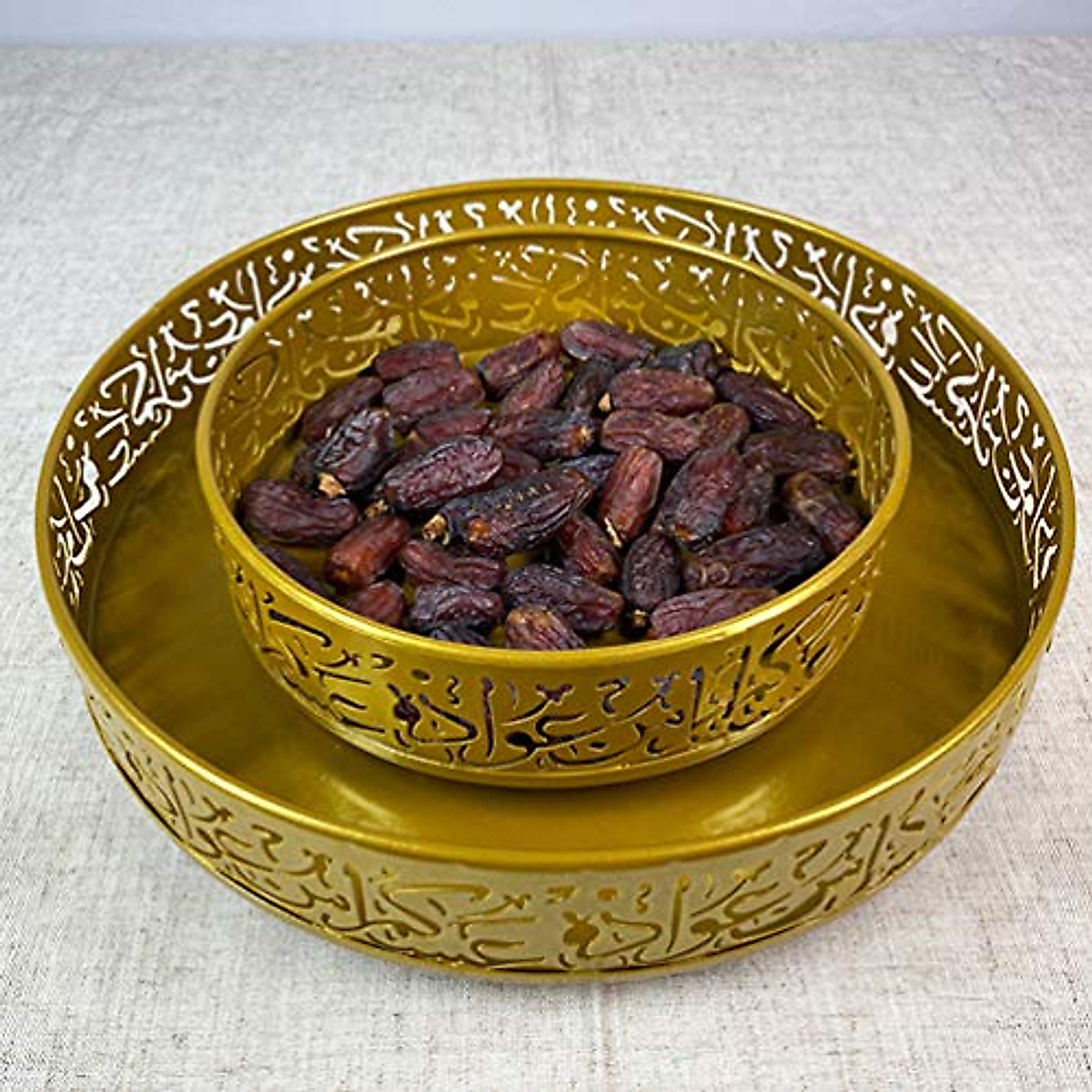 ABOOFAN 3Pcs Ramadan Eid Plate Iron Serving Tray Eid Ramadan Platter Round Candy Dish Snacks Dessert Holder Ramadan Mubarak Eid Party Supplies