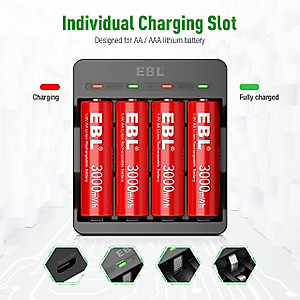 EBL 4 Pack 1.5V Rechargeable Lithium AA Batteries with USB Input Charger, 3000mWh Li-ion AA Batteries Long Lasting Double A Battery