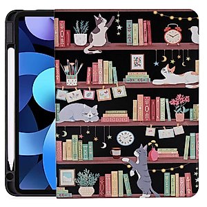 Case for iPad Air 11 Inch M2(2024), iPad Air 6th/5th/4th Gen (2024/2022/2020) 10.9 inch, Slim PU Leather Multi-Angle Smart Shell Stand Cover with Auto Wake/Sleep, Cat on Bookshelf
