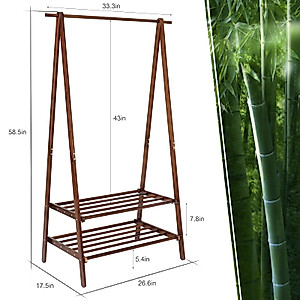 Jotsport Bamboo Clothing Rack Foldable Clothes Hanging Stand with 2 Tier Storage Shelf for Laundry, Guest Room, Apartment, Entryway