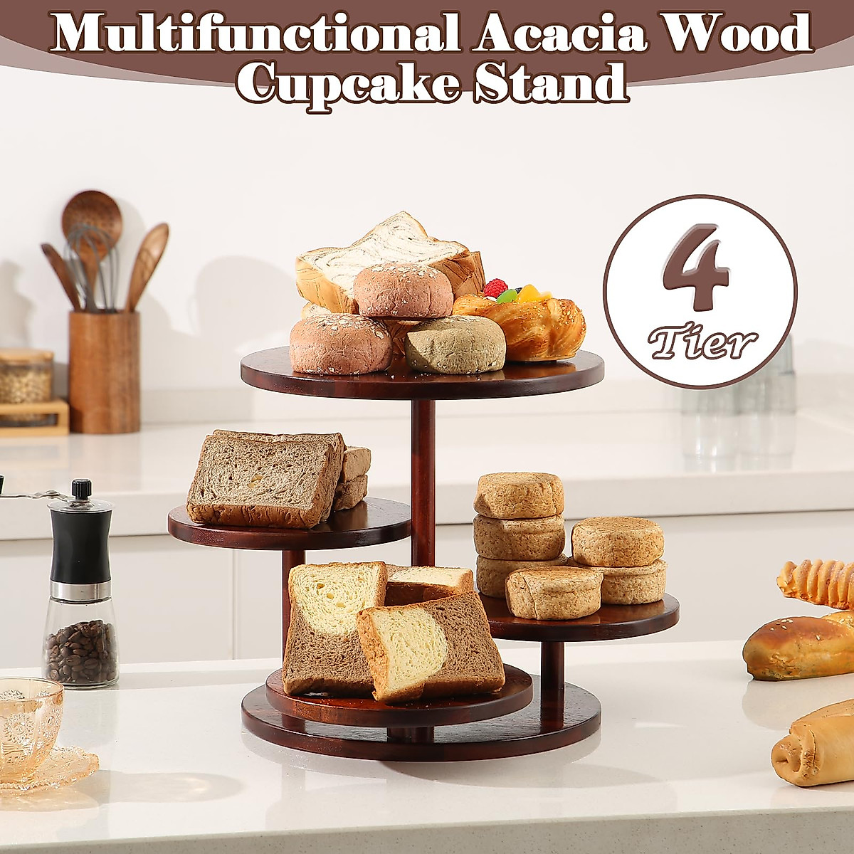 GKOKG 4 Tier Round Cupcake Tower for 50 Cupcakes, Acacia Wood Cupcake Stand for Dessert Table, Woodden Serving Stand, Cake Stand & Dessert Tower for Birthday, Graduation, Wedding, Tea Party