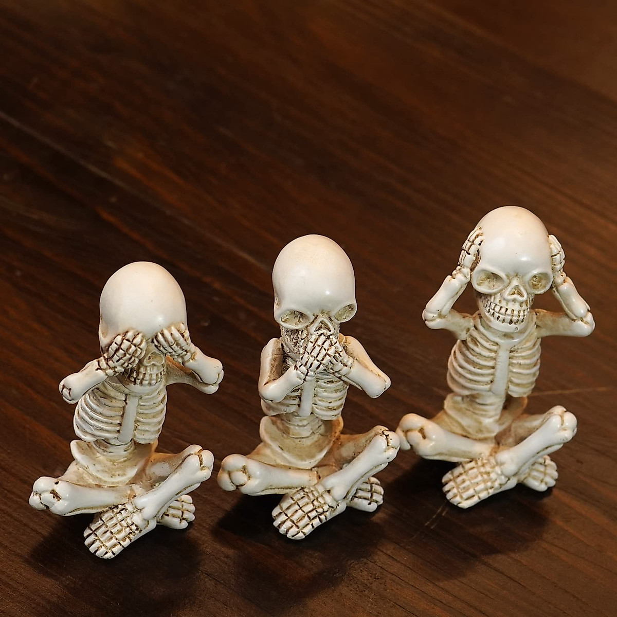 OwMell Set of 3 Skeletons Statue, Yoga Skull Figurine, Hear See Speak No Evil Statue Figurine, Halloween Gothic Home Decor - No Evil