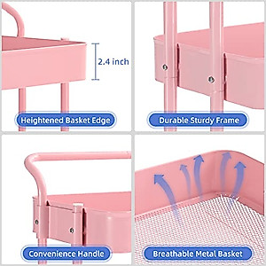 TOOLF 3 Tier Metal Rolling Cart, Utility Cart with Handle, Multifunction Storage Cart with Lockable Wheels, Serving Organizer Trolley with Mesh Basket for Kitchen, Bathroom, Office