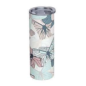 AFHYZY 20 oz Tumbler Reusable Coffee Travel Mug with Lids and Straws, Insulated Coffee Cups Leak Proof 20oz Stainless Steel Water Bottles Skinny for Women, Men, Work, Sports - Butterfly