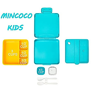 MINCOCO Kids Bento Lunch Box - Lunch Container with Sauce Jar, Spoon&Fork 4-Compartment, On-the-Go Meal and Snack Packing - Leak Proof, Durable, Microwave Safe (Sky Blue)