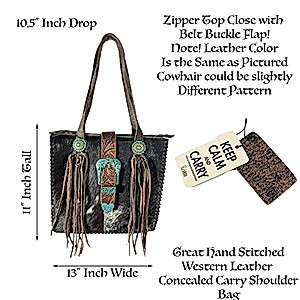 Urbalabs Western Cowhair Concealed Carry Shoulder Bag Buckle Fringe Purse Genuine Leather Handmade Stitched Handbag (Dark Brown)