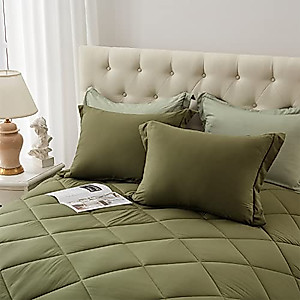 NexHome Queen Comforter Set - Olive Green Comforter Queen Size Bedding Set - Soft Reversible Down Alternative Full Size Comforter Bed Set 3 Pieces 1 Comforter (88"x88") + 2 Pillow Shams (20"x26")