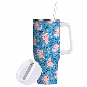 Slewiaeky Tumbler with Handle 40 oz Cute Axolotls Ocean Travel Mug with Lid and Straw Stainless Steel Vacuum Insulated Water Bottle Cup for Iced Tea Coffee Cold Beverages Cup Holder Friendly
