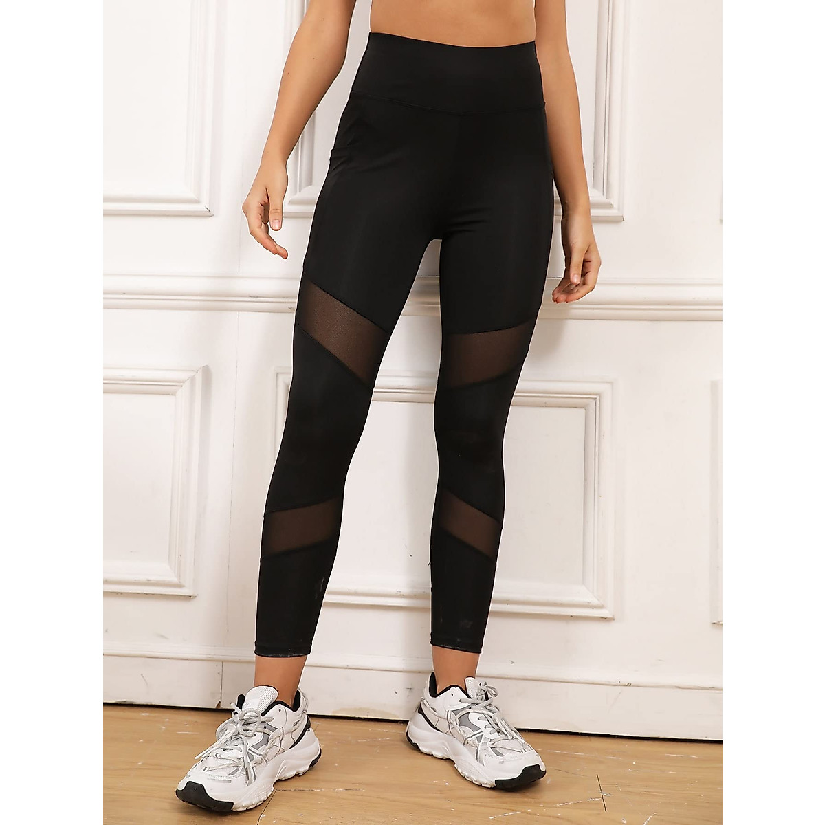 MakeMeChic Women's Mesh Insert High Waisted Workout Gym Athletic Leggings with Phone Pocket Black B S