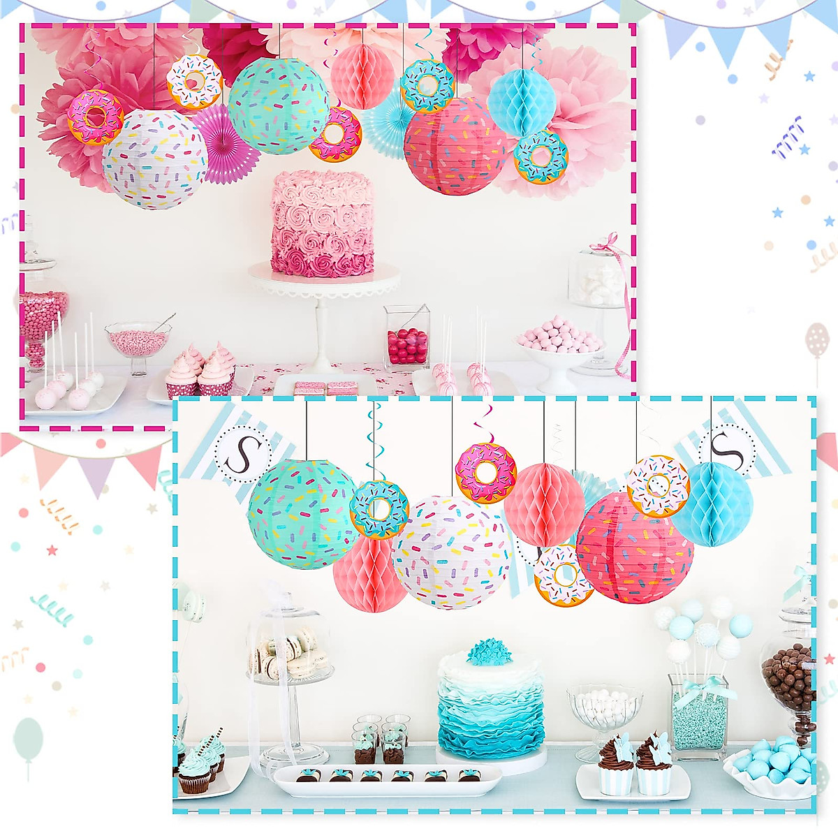 20 Pcs Donut Birthday Party Decorations, 8 Pcs Donut Lanterns Sprinkle Hanging Paper Lanterns, Honeycomb Ball, 2 Pcs Party Paper Fans, 10 Pcs Donut Hanging Swirl for Baby Shower Ice Cream Party