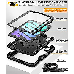 SEYMAC stock Case for iPad Mini 6 Genration 2021，[Full-Body][Shock Proof] Screen Protector Case with 360 Degree Handle Ring Folding Stand for iPad Mini 6th Gen 8.3 Inch,Black/Black