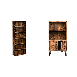 VASAGLE Bookshelf, 6-Tier Open Bookcase, Rustic Brown ULBC166X01 & Retro Bookcase, 2-Tier Bookshelf with Doors, Storage Cabinet for Books, Photos, Decorations, Mid-Century Modern Style, Brown
