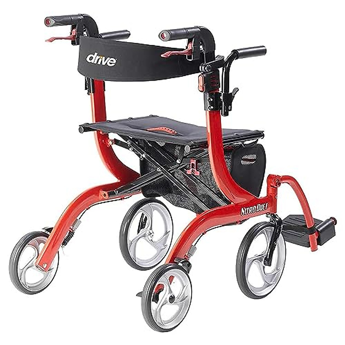 Drive Medical Nitro Dual Function Transport Wheelchair and Rollator Rolling Walker Combo with Hand Activated Brakes and Back Support, Red
