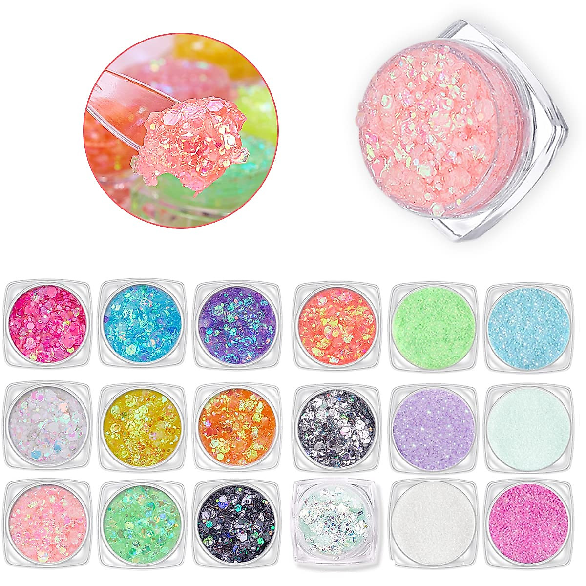 18 Colors Glow in The Dark Face Body Glitter Gel, Luminous Iridescent Glitter for Eye Lip Nail Hair, Self-Adhesive UV Holographic Face Glitter Gel Halloween Christmas Party Makeup (18 Colors)