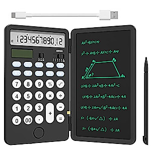 NEWYES Portable Calculator with Notepad, Basic Calculator with Writing Tablet,12 Digits Large Display Rechargeable Solar Power Desk Calculator for Office, School (Black)