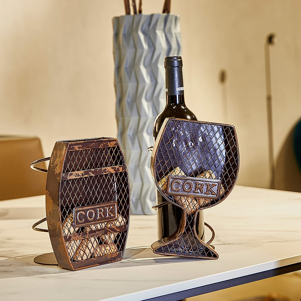 Yawill Wine Bottle Holder Wine Glass Statue Decorative Cork Holder Tabletop Wine Accessory for Home Kitchen (Wine Glass)