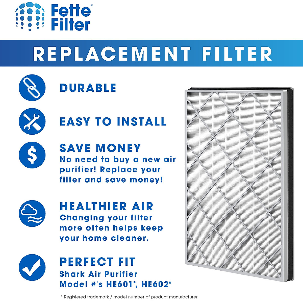 HE601 & HE602 Air Purifier Premium Replacement Filter H13 True HEPA Compatible with Shark Air Purifier 6-Fan Models HE601 HE602 Compare to Part # HE6FKBAS, HE6FKPET, HE6FKPRO - Pack of 1