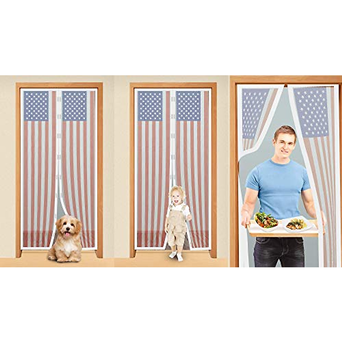Patriotic American Flag Pattern Quick Install Mesh Magnetic Screen 40” x 85.5” - Helps Keep Bugs & Insects Out - Perfect for Single Doors Leading to Your Porch or Patio - Folds for Easy Storage