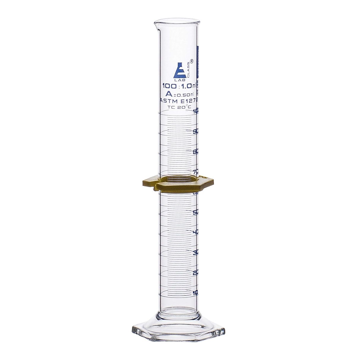 Graduated Cylinder, 100mL - ASTM, Class A - Tolerance ±0.50mL - Protective Collar, Hexagonal Base - Blue Graduations - with Individual Work Certificate - Borosilicate 3.3 Glass - Eisco Labs