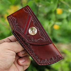 Handmade Forged Damascus Steel Folding pocket Knife, 3.07inch Damascus Steel Blade and 4.05inch Wood Handle,with pocket Clip,Retro Leather Sheath, EDC Pocket Knives for Camping Tactical Outdoor Knife.