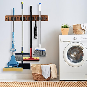 jabrand Broom Holder Wall Mount, Wood Mop and Broom Hanger with 4 Slots and 5 Hooks Laundry Room Organizer Tool for Home Garden Garage Yard Kitchen Closet Organization Storage Garden