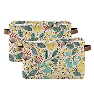 Flowers Square Storage Basket Yellow Floral Storage Bins Canvas Storage Organizer Closet Shelf Organizer for Home Office, 2 Pc