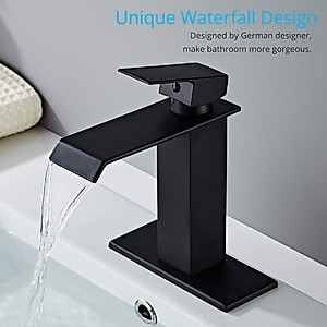 Wovier Matte Black Waterfall Bathroom Sink Faucet with Cover Plate,Single Handle Single Hole Brass Lavatory Vanity Faucet,Basin Mixer Taps with Supply Hose