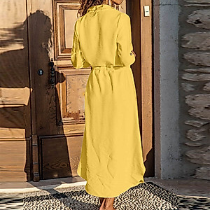 Ceboyel Linen Shirt Dresses for Women Button Down Drawstring Causal Dress Plain Long Maxi Dresses Trendy Ladies Outfits 2023 Plus Size Summer Dresses Yellow L