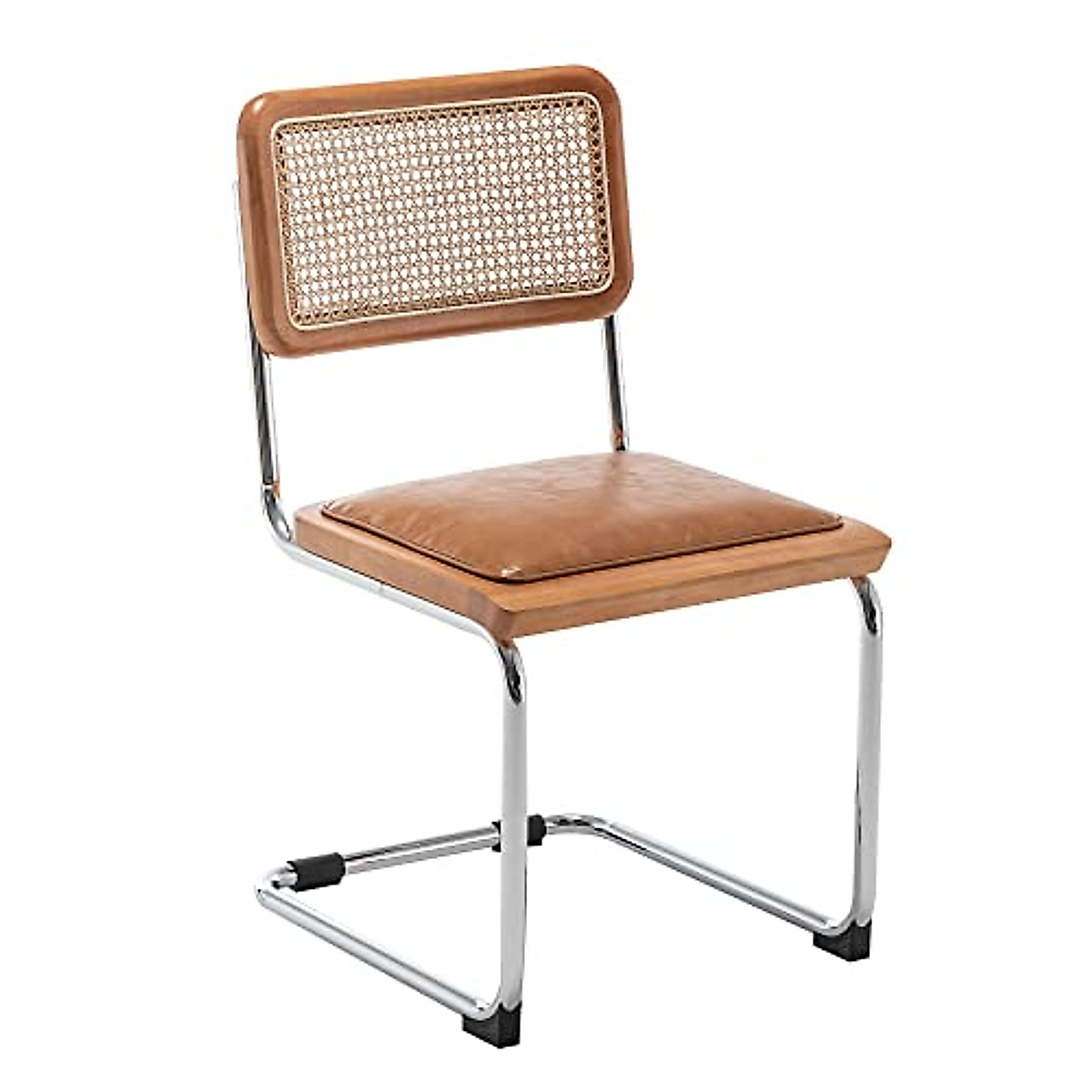 Alunaune Mid Century Modern Dining Chairs Set of 2, Upholstered Natural Rattan Kitchen Accent Chairs, Armless Side Chair with Metal Chrome Legs for Bedroom Living Room-Brown with PU Seat