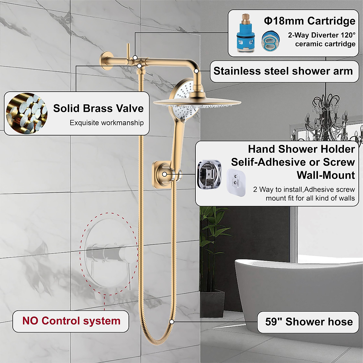 Derengge Brushed Gold Shower combo,9 Inch Shower Head and Handheld Shower with Diverter Shower Arm,SCA-0288-BG