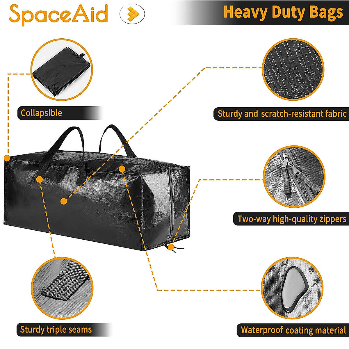 SpaceAid Heavy Duty Moving Bags, Extra Large Storage Totes W/ Backpack Straps Strong Handles & Zippers, Alternative to Moving Boxes, Packing & Moving Supplies, Black (8 Pack)