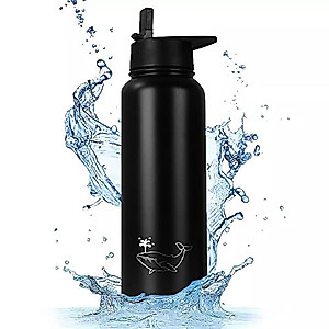 Stainless Steel Water Bottle 40 oz, 2 type Lid, Straw Lid, Wide Mouth, Leak Proof, Vacuum Insulated Stainless Steel, Double Walled, Carrying Pouch, Hot Cold Water, Powder Coating (Black)