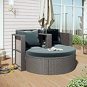 HHOK 2-Piece All-Weather PE Wicker Conversation Sofa, Outdoor Patio Half-Moon Sectional Furniture Set w/Side Table for Umbrella, Suitable for Poolside, Backyard Porch, Rattan+Gray Cushion