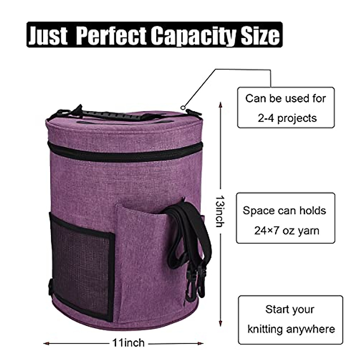 Weabetfu Large Capacity Portable Yarn Organizer Knitting Tote Storage Bag with Shoulder Strap Yarn Bags Have Pocket for Crochet Hooks,Knitting Needles & Accessories,Prevent Yarn Tangle(Purple)