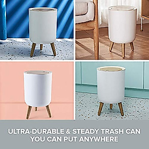 Nordic Style Trash Can (1-Pack) - Push Top Trash Can with Lid - 14.3" x 8.7" White Top Spring Waste Basket - Scandinavian Modern Garbage Can - Round Trash Bin w/ Legs - Kitchen/Bathroom Trash Can I 1.8 Gallon - 7L