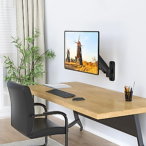 WALI Monitor Wall Mount 27+ inch, Wall Mount Monitor Arm Fits 1 Screen up to 32 inch, Single Monitor Mount Holds up to 19.8lbs, Gas Spring Monitor Arm Max Extension 13.4 inch,(GSWM001S), Black