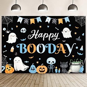 MEHOFOND 7x5ft Halloween Birthday Party Backdrop Black Happy Booday Photography Background Cute Ghost Pumpkin Skull for Girls Boys Birthday Party Decorations Cake Table Banner Photo Studio Supplies
