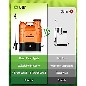 WOEKBON 4 Gallon Battery Powered Backpack Sprayer Electric Garden Pump Sprayer with Lithium Battery for Long Time Spray Brass Telescope Wand and Multiple Nozzles for Spraying Cleaning。