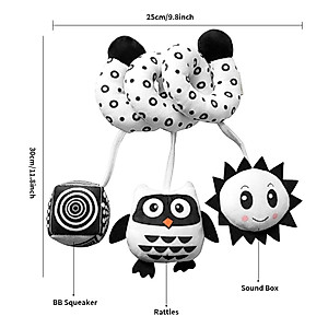 Hanging Toys for Car Seat Crib Mobile, Infant Baby Spiral Plush Toys for Crib Bed Stroller Car Seat Bar - Black and White Color Toy with Rattles Owl BB Squeaker Sun